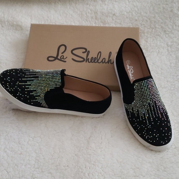 La Sheelah | Shoes | Rhinestone Embellished Black Sneakers Shoes | Poshmark